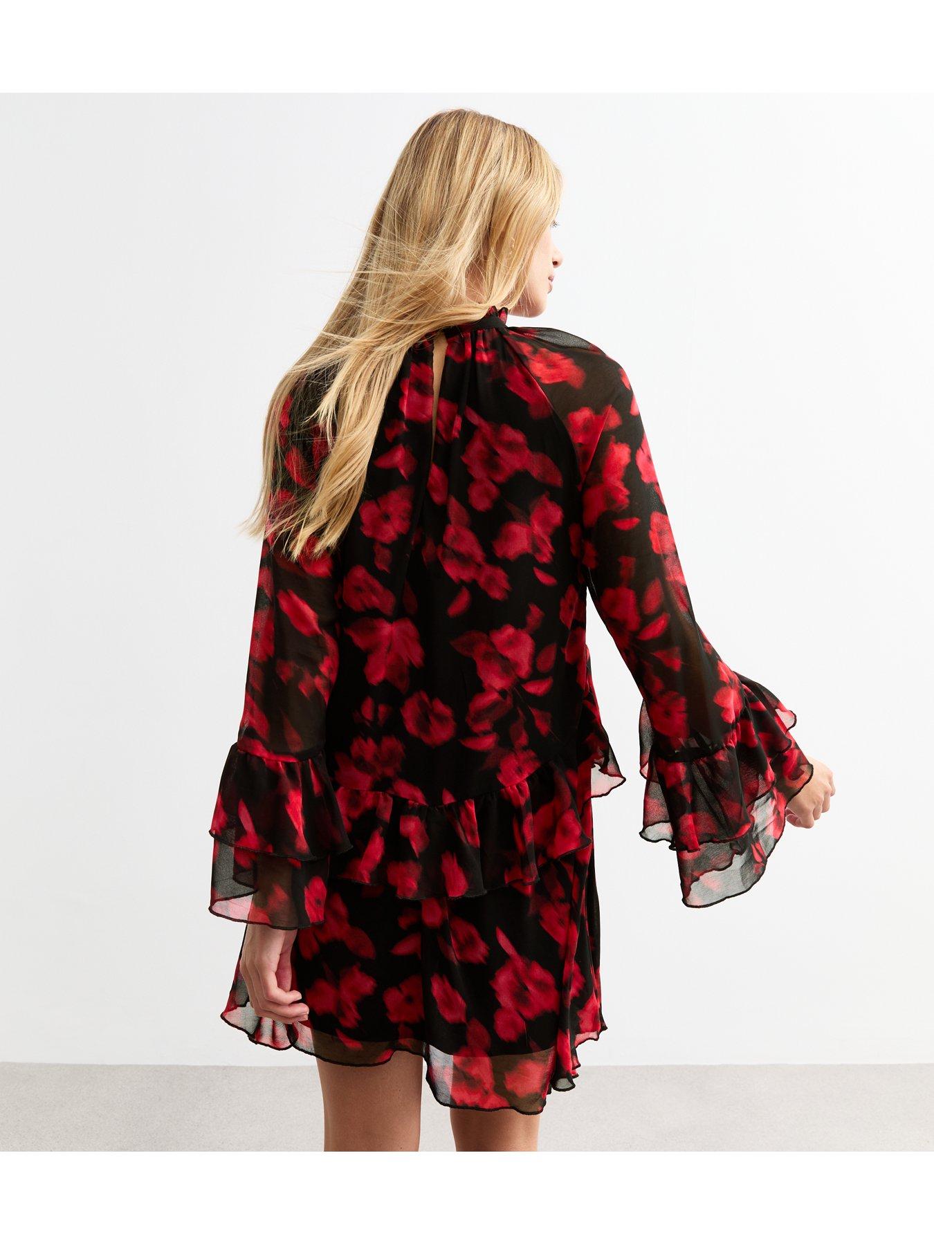New Look Red Blur Ruffled Chiffon Mini Dress - Rose Print | Very
