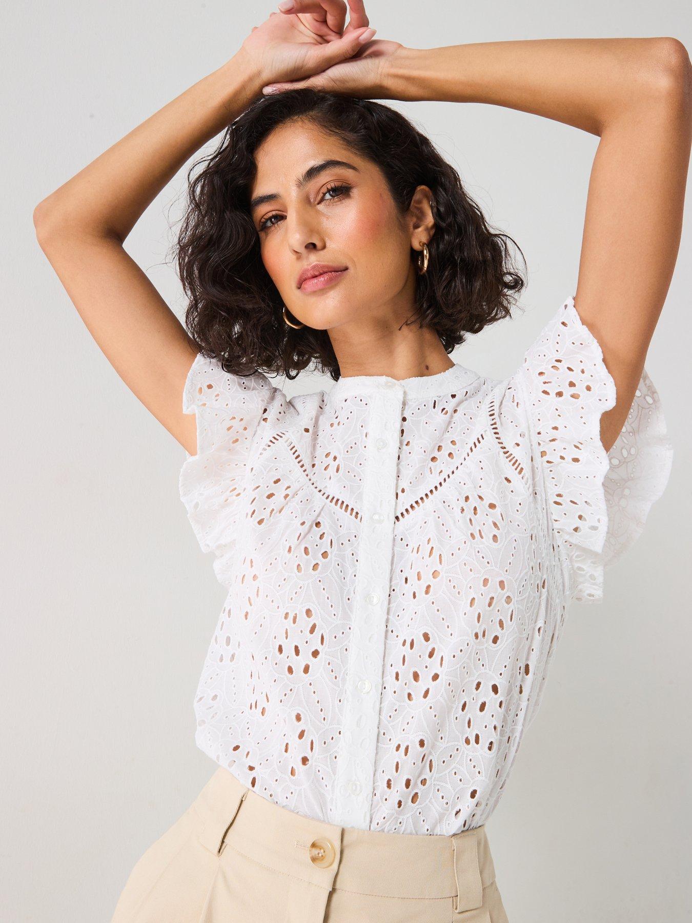 V by Very Broderie Front Button Up Top - White | Very