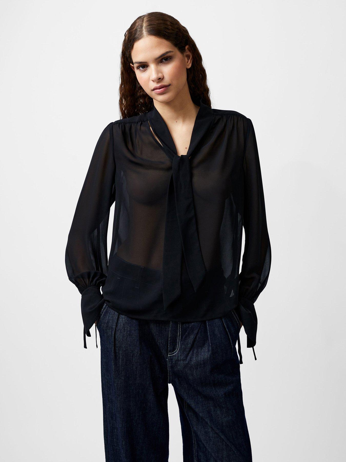 French Connection Tie V-neck Long Sleeve Flared Blouse - Black | Very