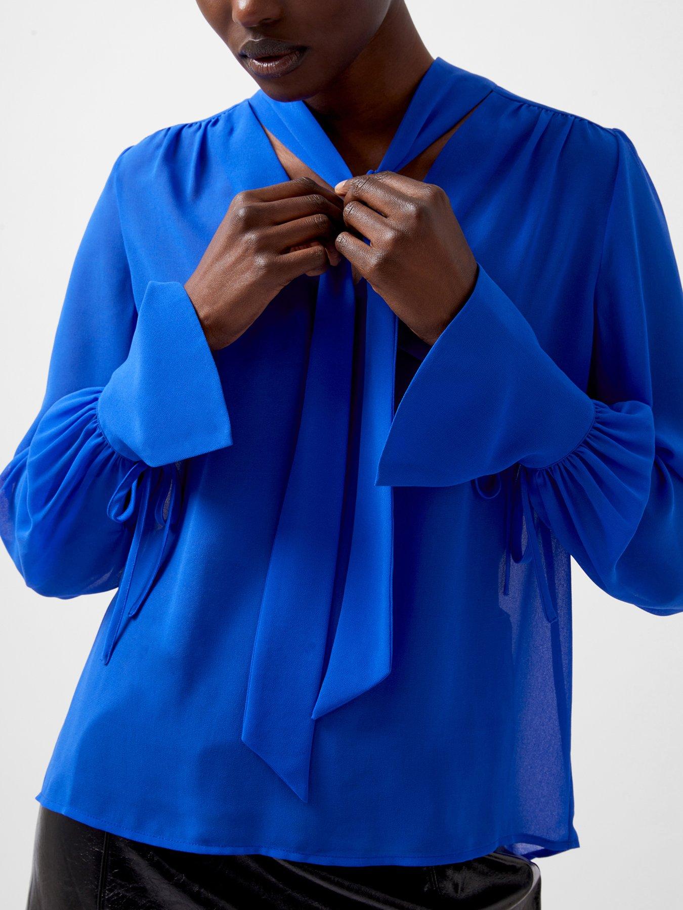 French Connection Tie V-neck Long Sleeve Flared Blouse - Blue | Very