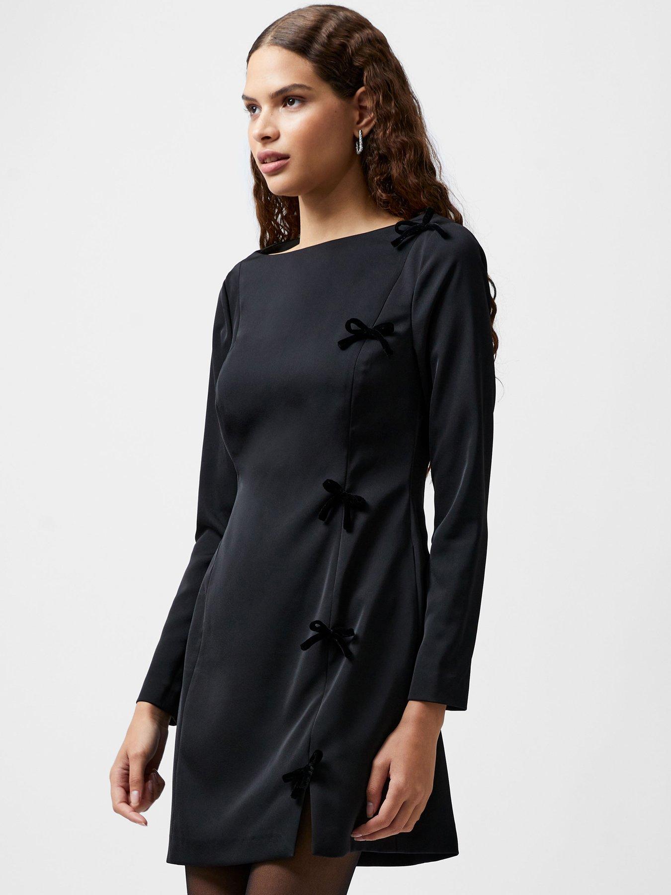 French Connection Satin Bow Long Sleeve Mini Dress - Black | Very