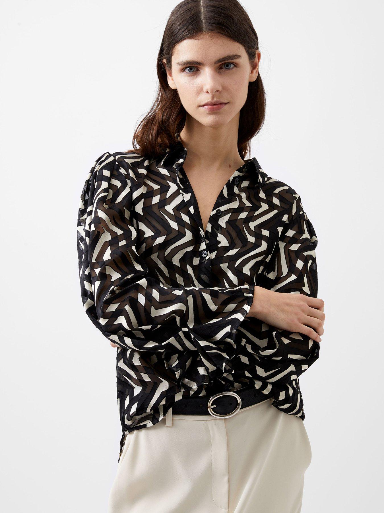 French Connection Long Sleeve Satin Top With Collar - Black | Very