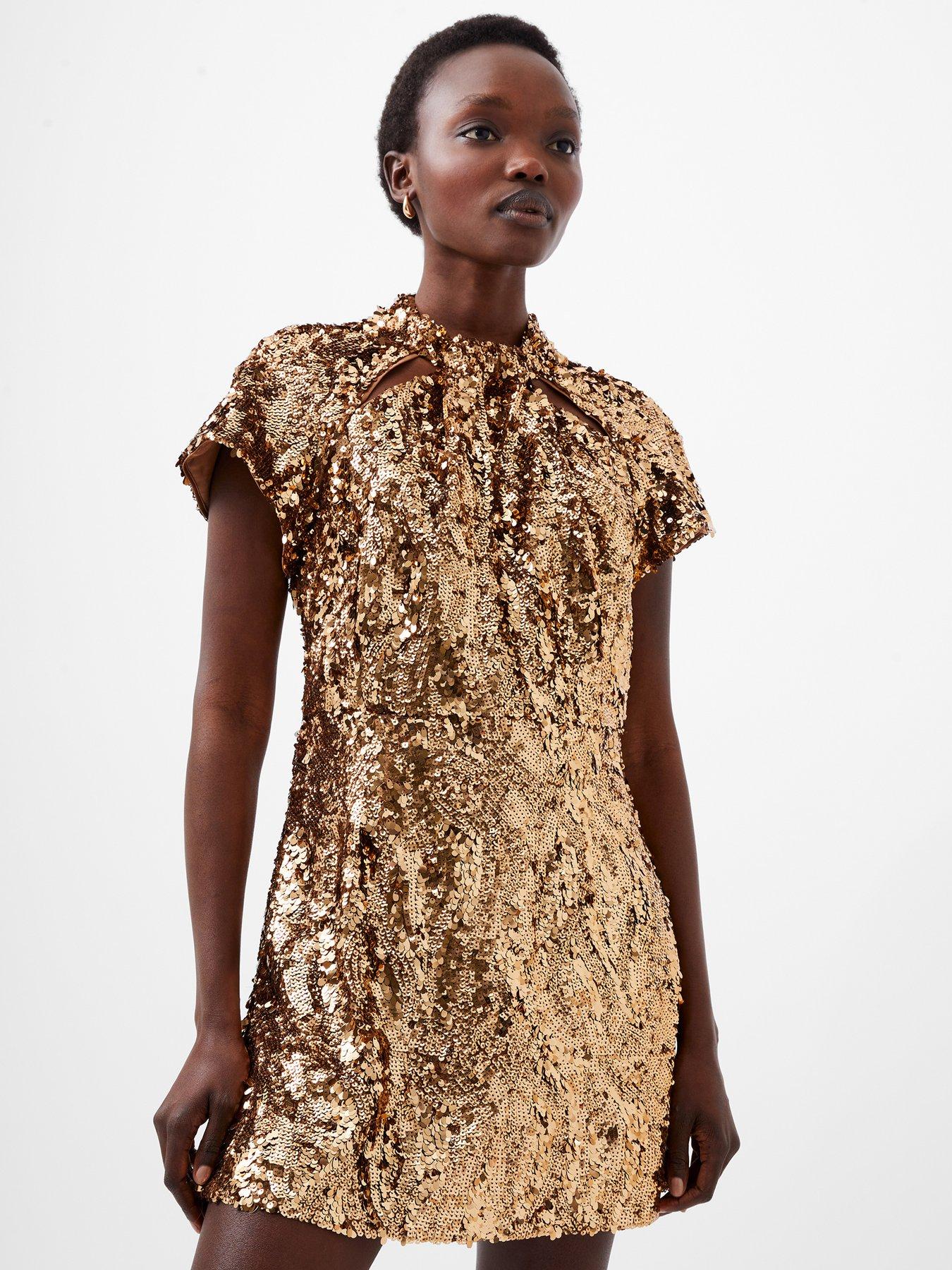French Connection Short Sleeve Sequin Keyhole Mini Dress - Brown | Very