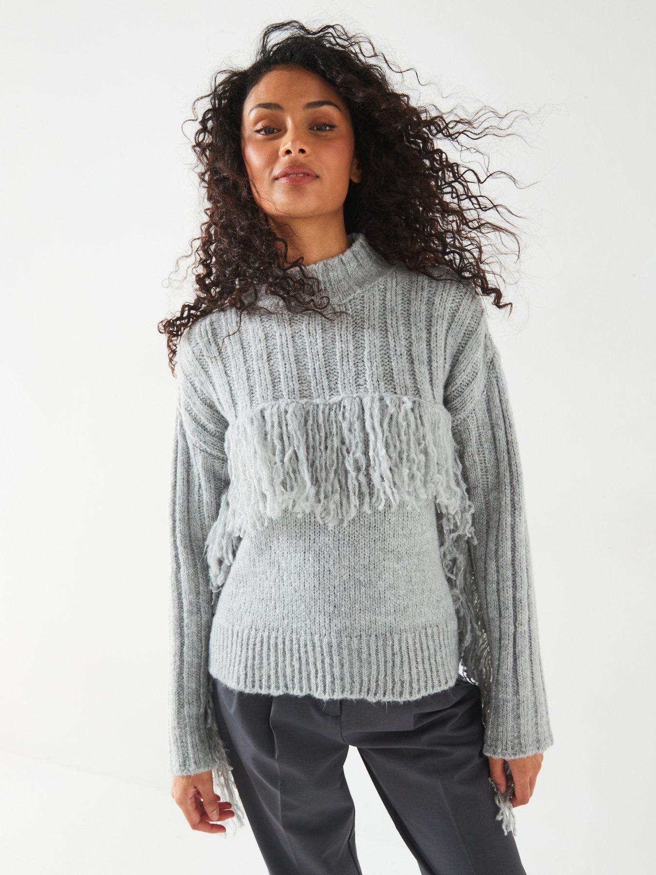 V by Very Funnel Neck Fringe Jumper With Wool - Grey | Very
