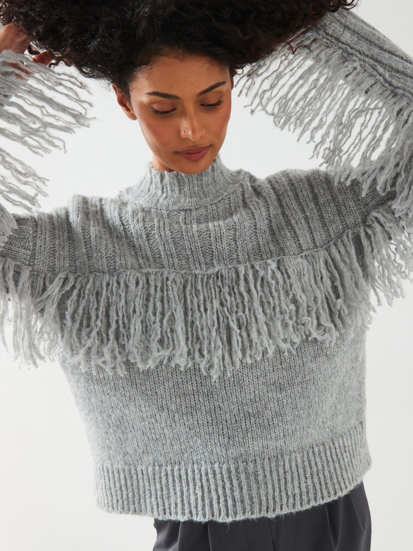 V by Very Funnel Neck Fringe Jumper With Wool - Grey | Very