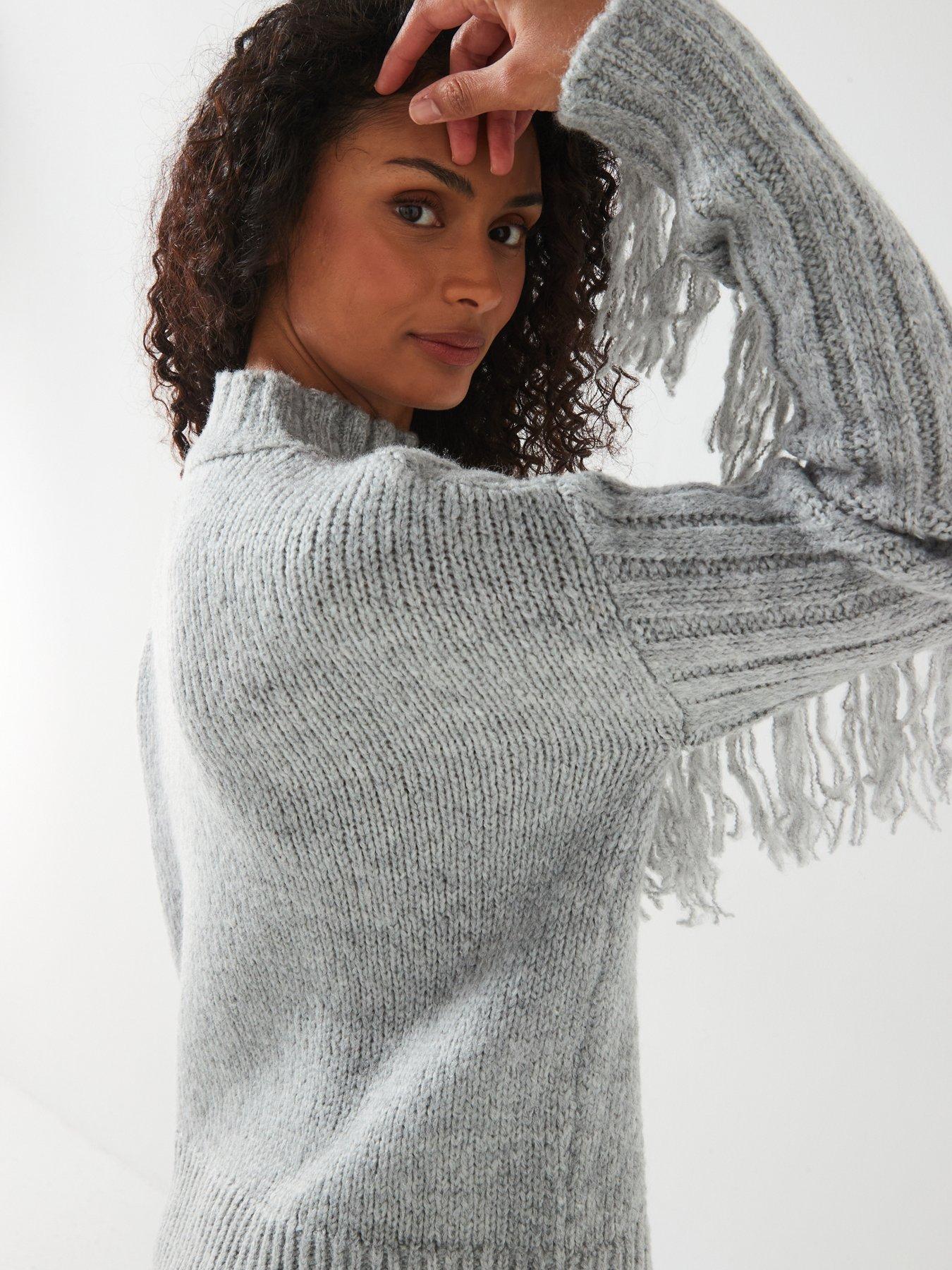 V by Very Funnel Neck Fringe Jumper With Wool - Grey | Very