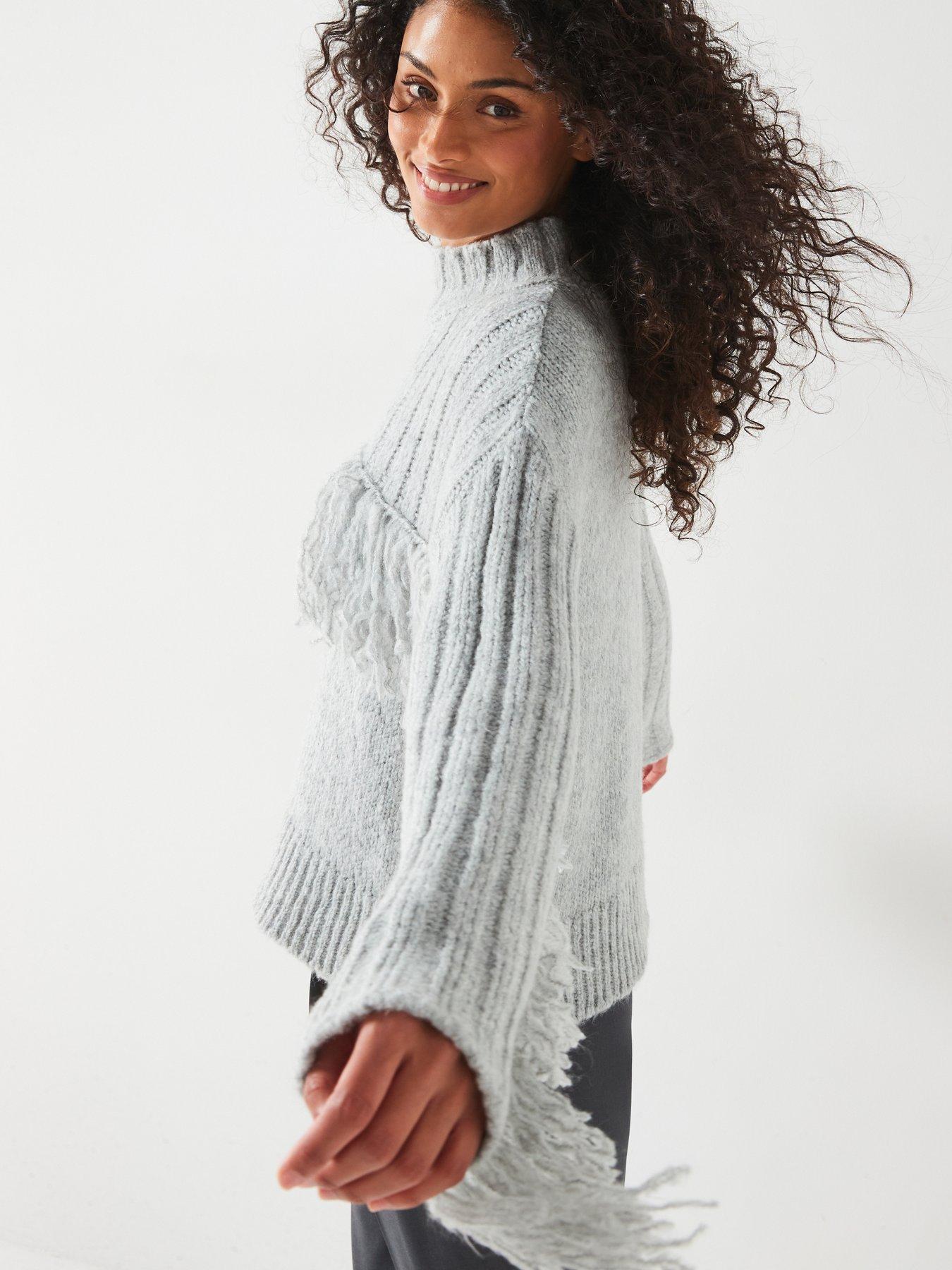 V by Very Funnel Neck Fringe Jumper With Wool - Grey | Very