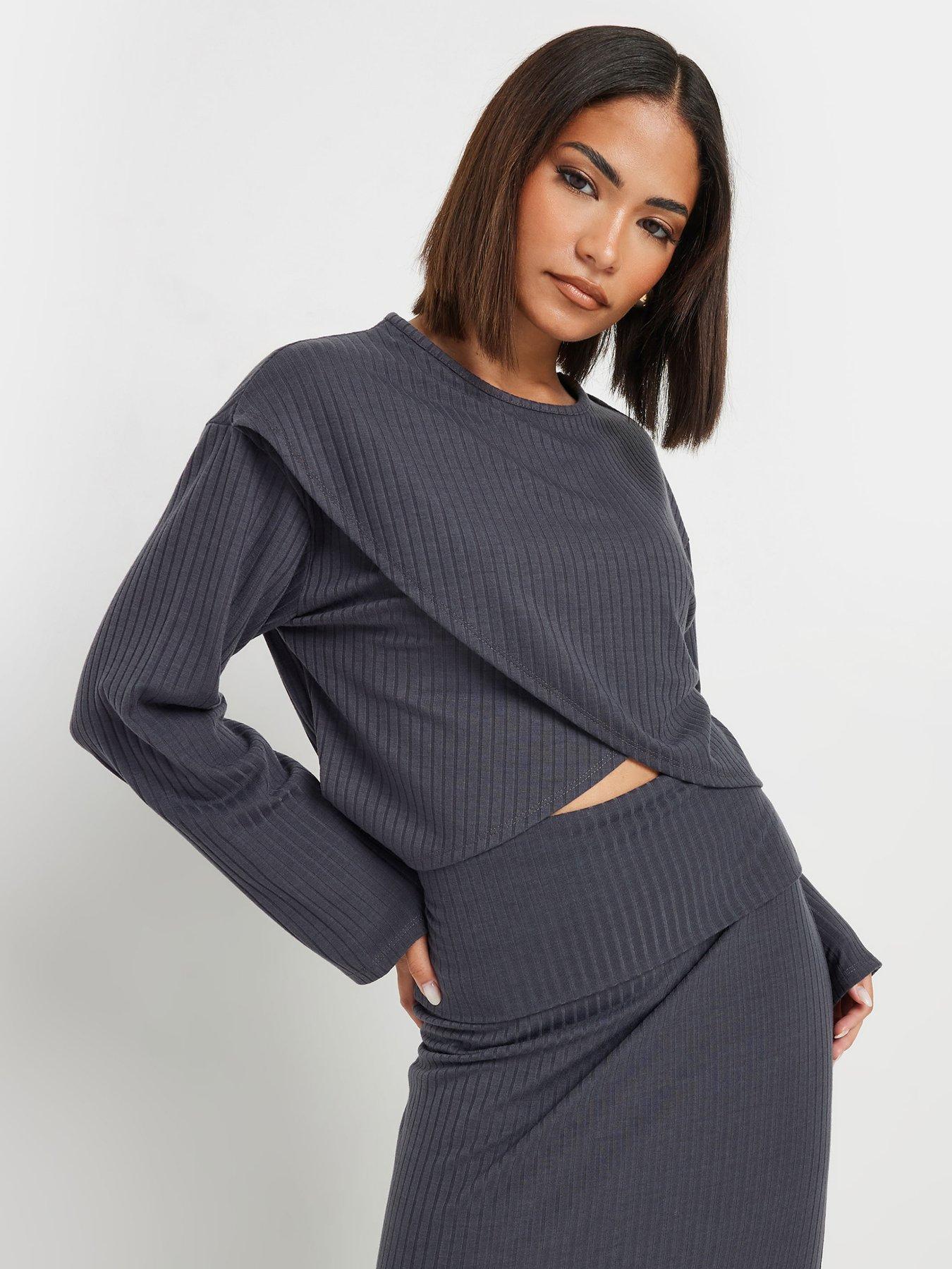PixieGirl Petite Rib Cross Over Top - Grey | Very
