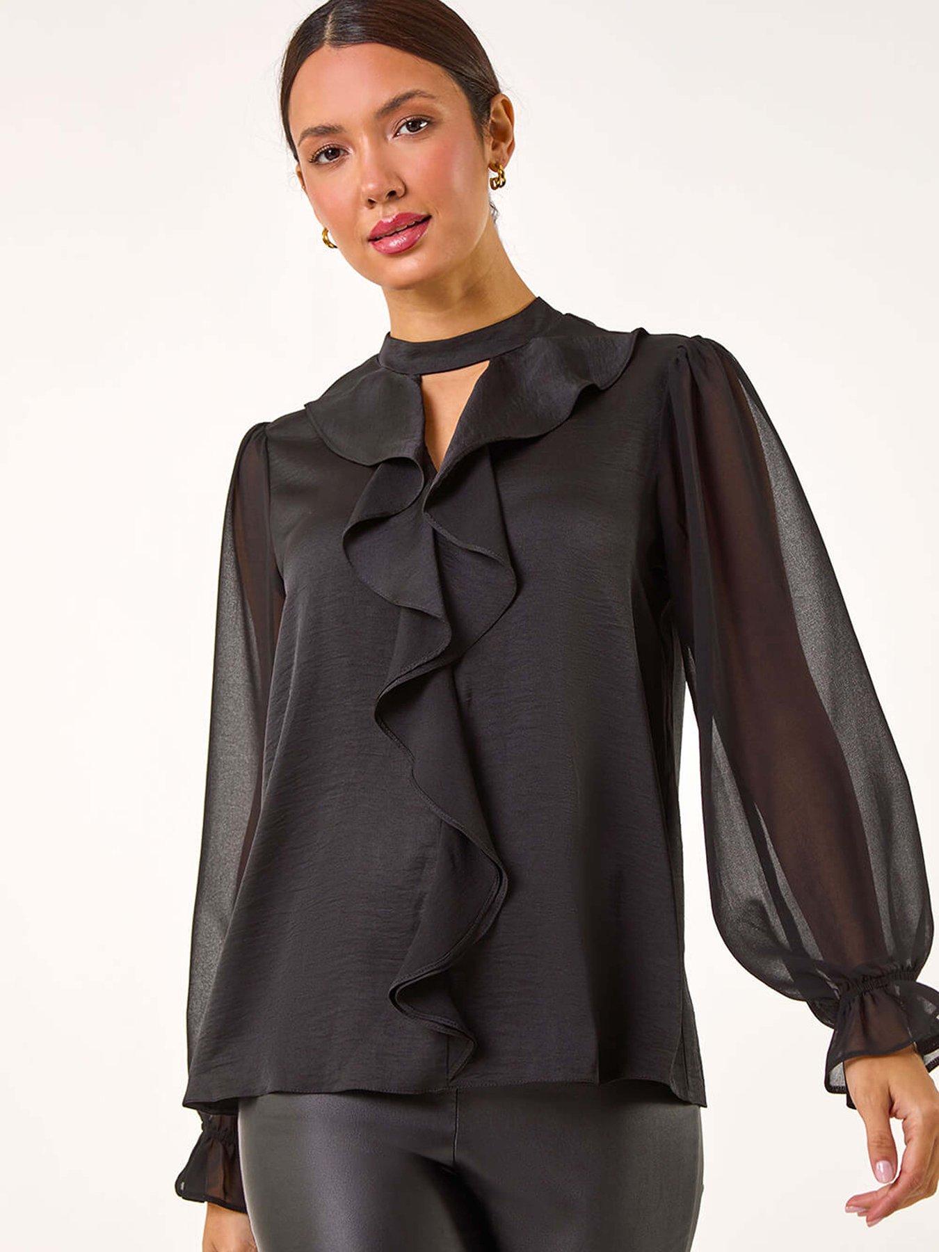 Roman Ruffle Front Keyhole Satin Top - Black | Very