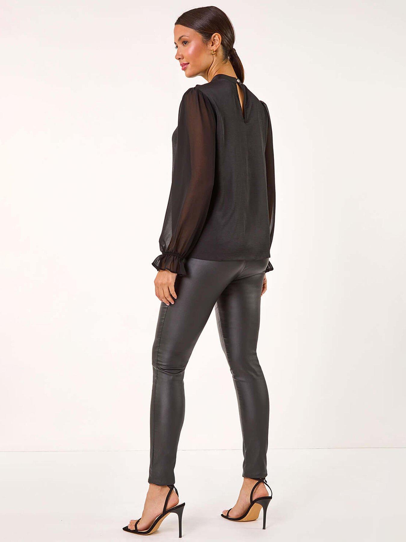 Roman Ruffle Front Keyhole Satin Top - Black | Very