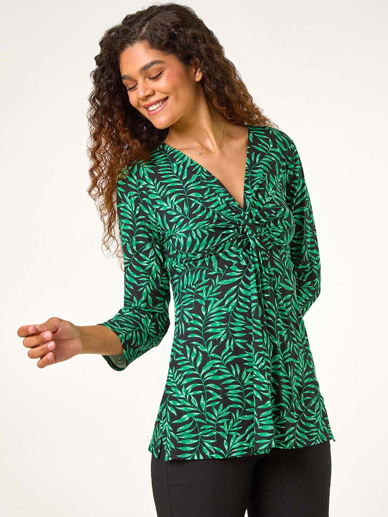 Roman Leaf Print V-neck Twist Front Top - Green | Very.co.uk