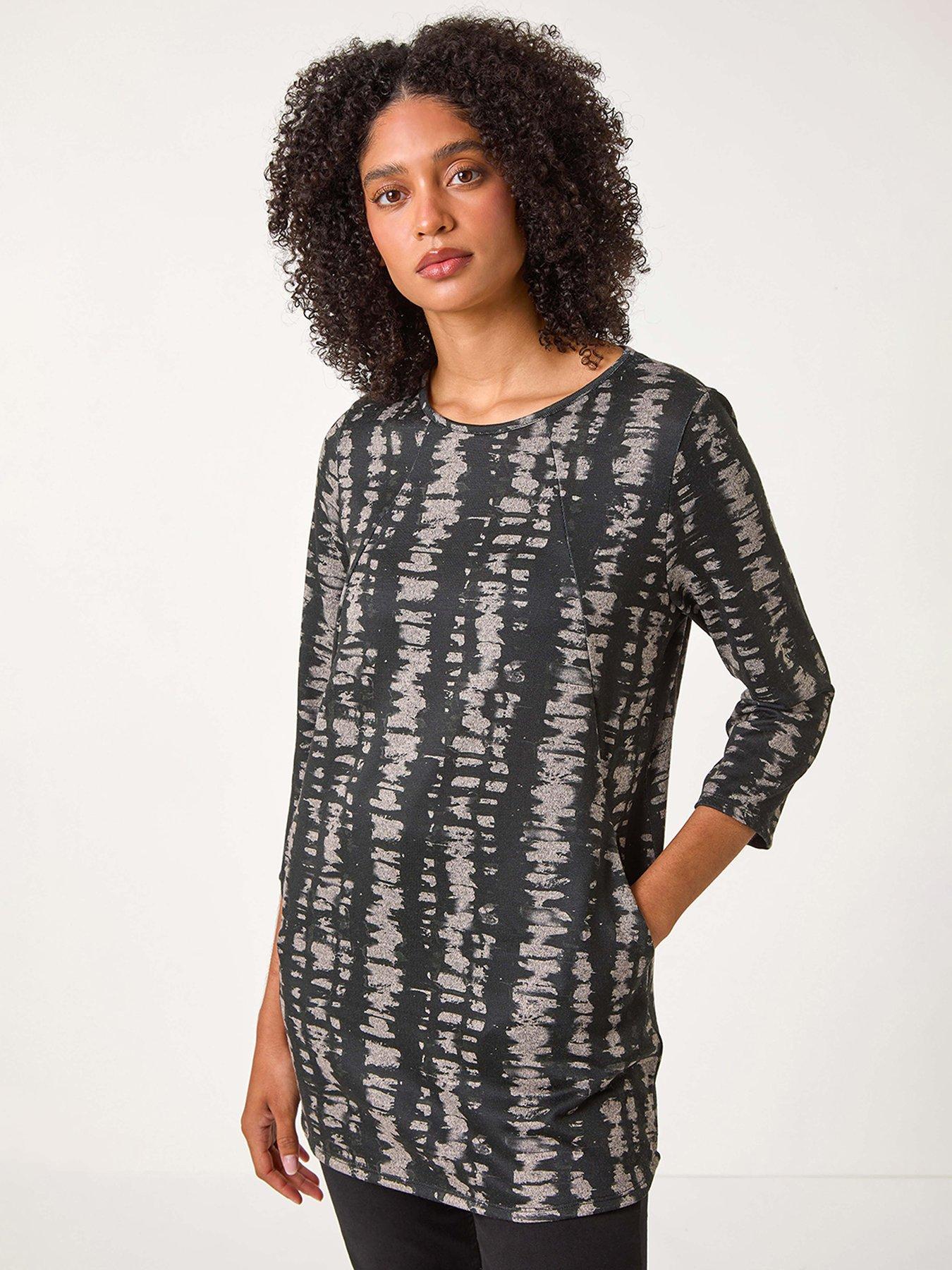 Roman Abstract Print Tunic Pocket Stretch Top - Charcoal | Very