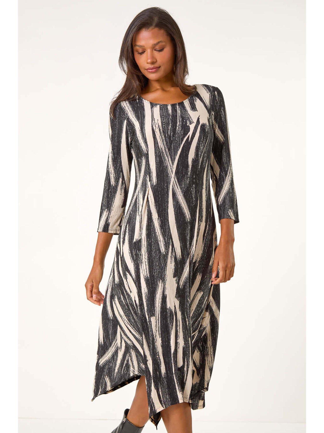 Roman Ribbon Print Hanky Hem Midi Dress - Beige | Very