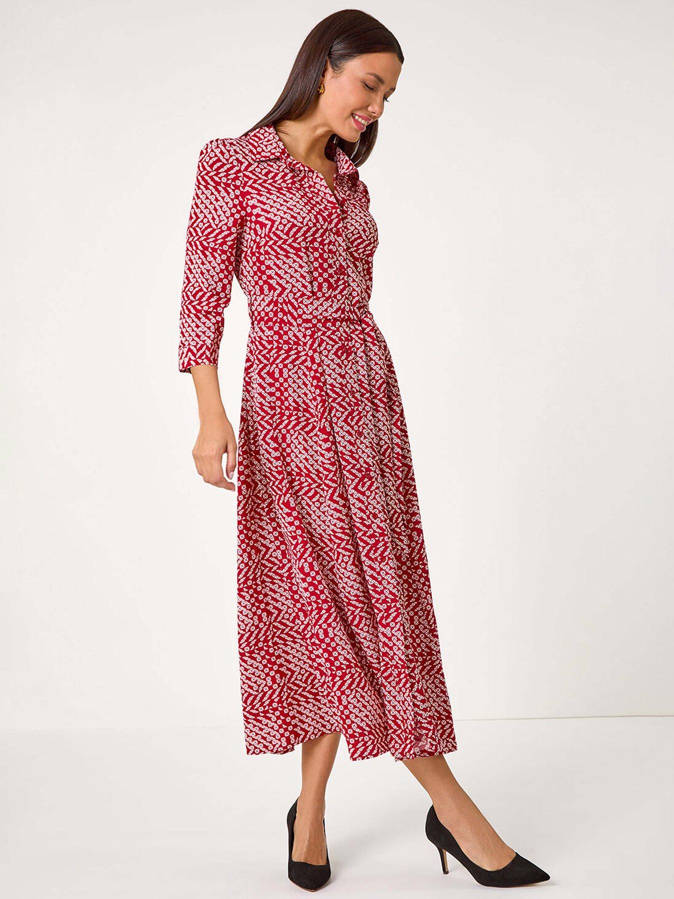 Roman Geometric Print Tie Waist Midi Shirt Dress - Red | Very