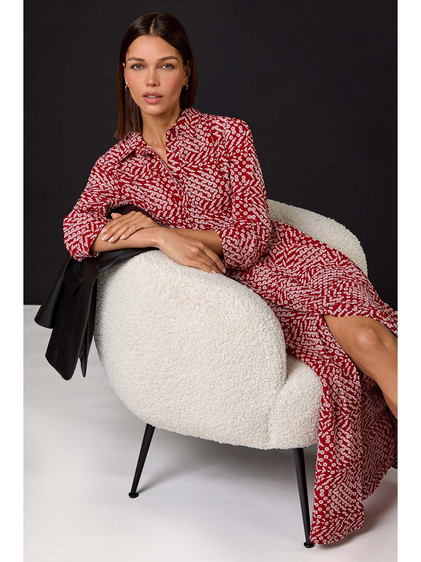 Roman Geometric Print Tie Waist Midi Shirt Dress - Red | Very