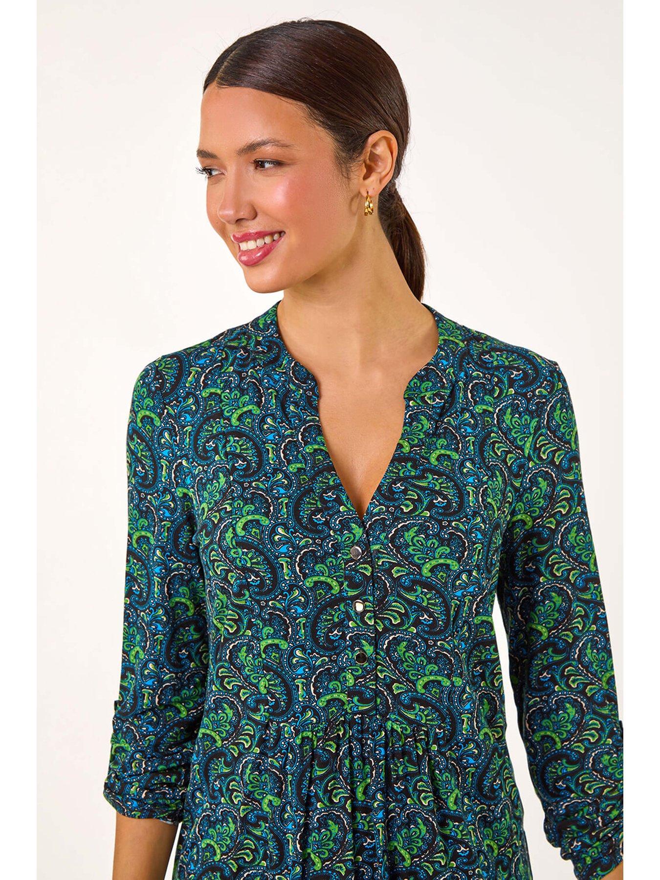 Roman Paisley Print V-neck Tunic Stretch Top - Green | Very
