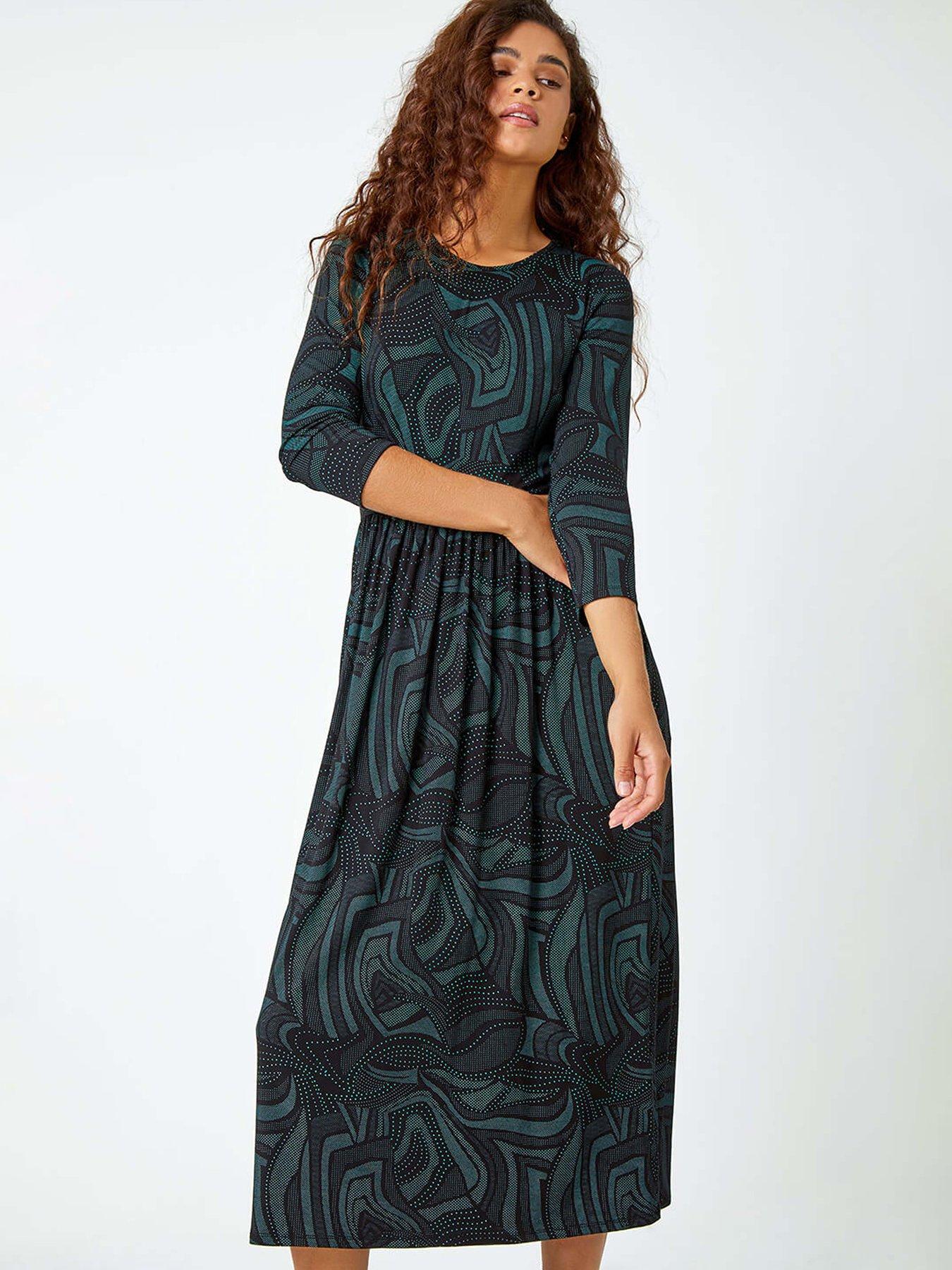 Roman Abstract Print Pocket Midi Stretch Dress - Green | Very