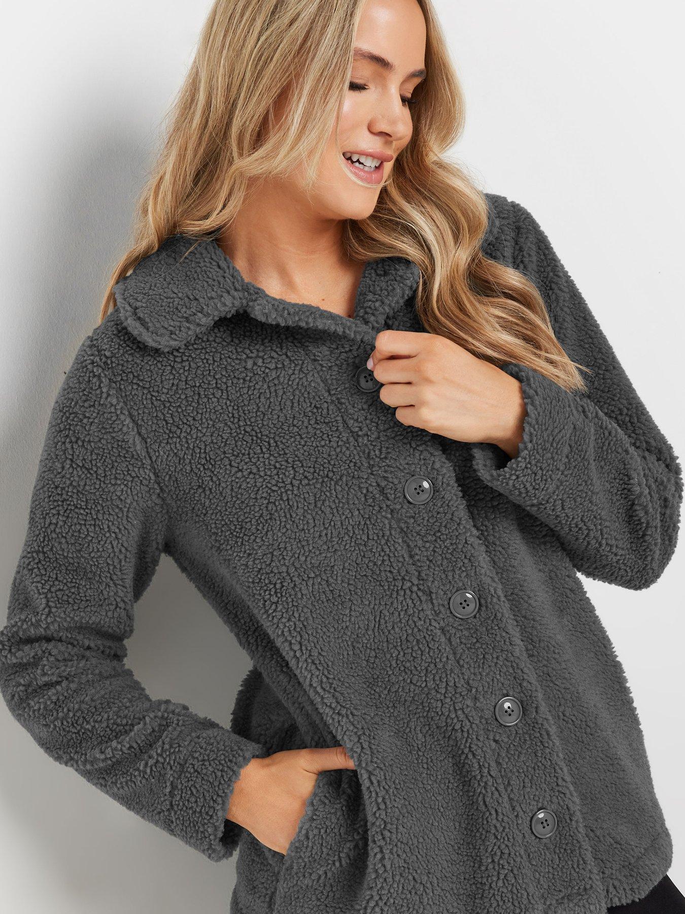 Long Tall Sally Button Borg Teddy Fleece Jacket - Grey | Very