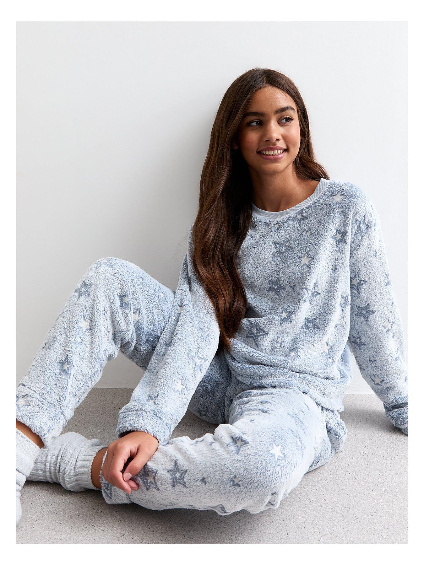 New Look 915 Girls Blue Metallic Star Fleece Long Pyjama Set | Very