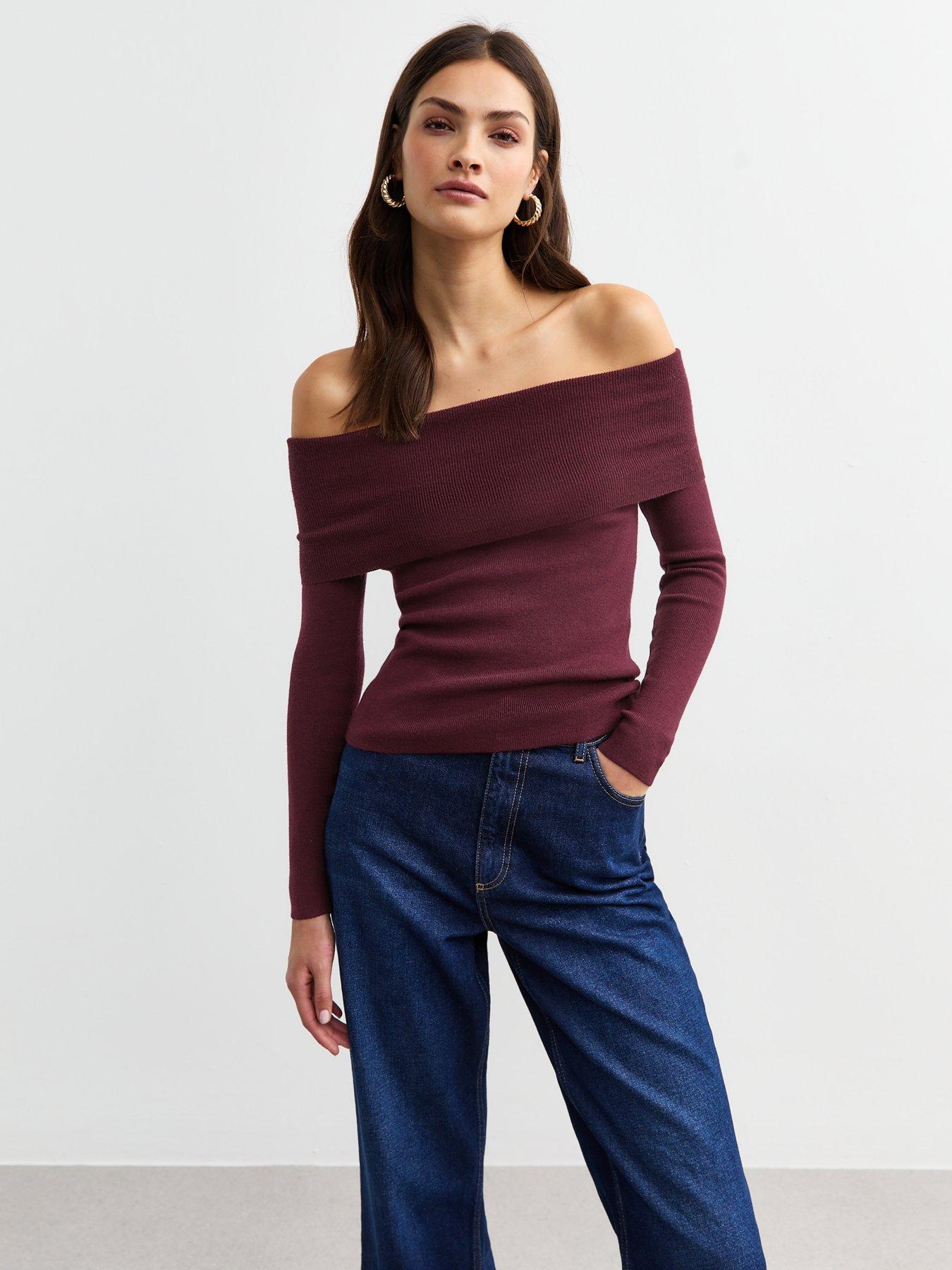 New Look Burgundy Ribbed Knit Bardot Top - Red | Very