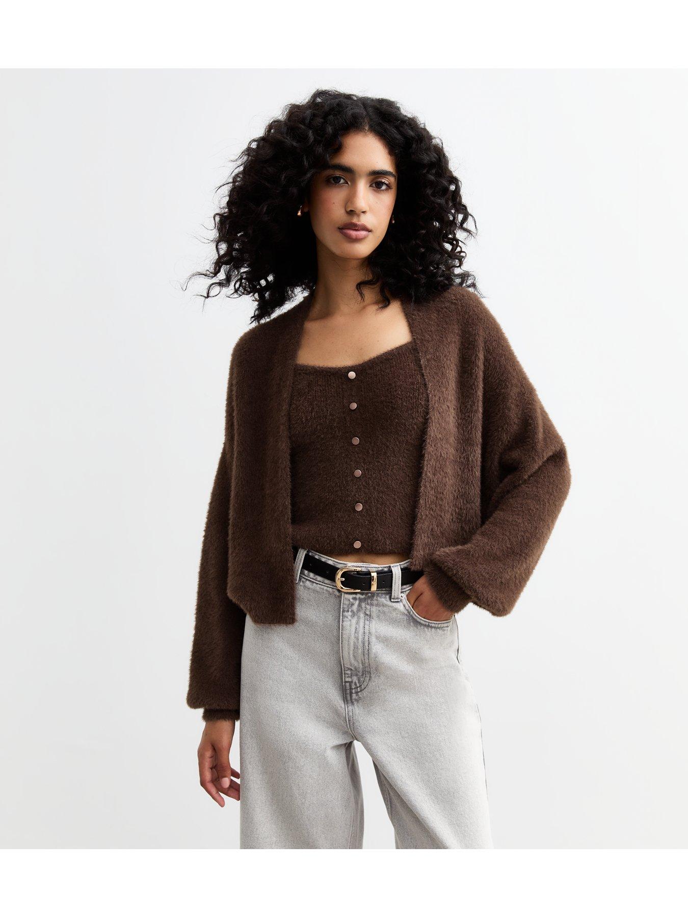 New Look Metallic Thread Fluffy Crop Cardigan - Brown | Very