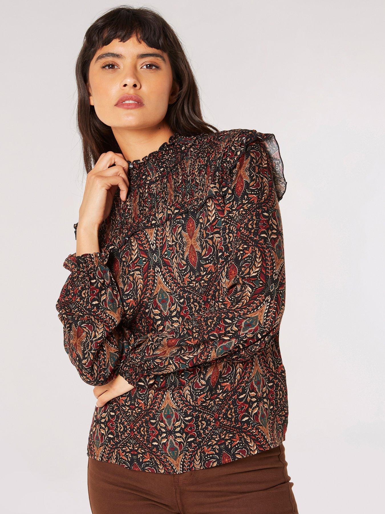 Apricot Paisley Long Sleeve Ruffle Top | Very