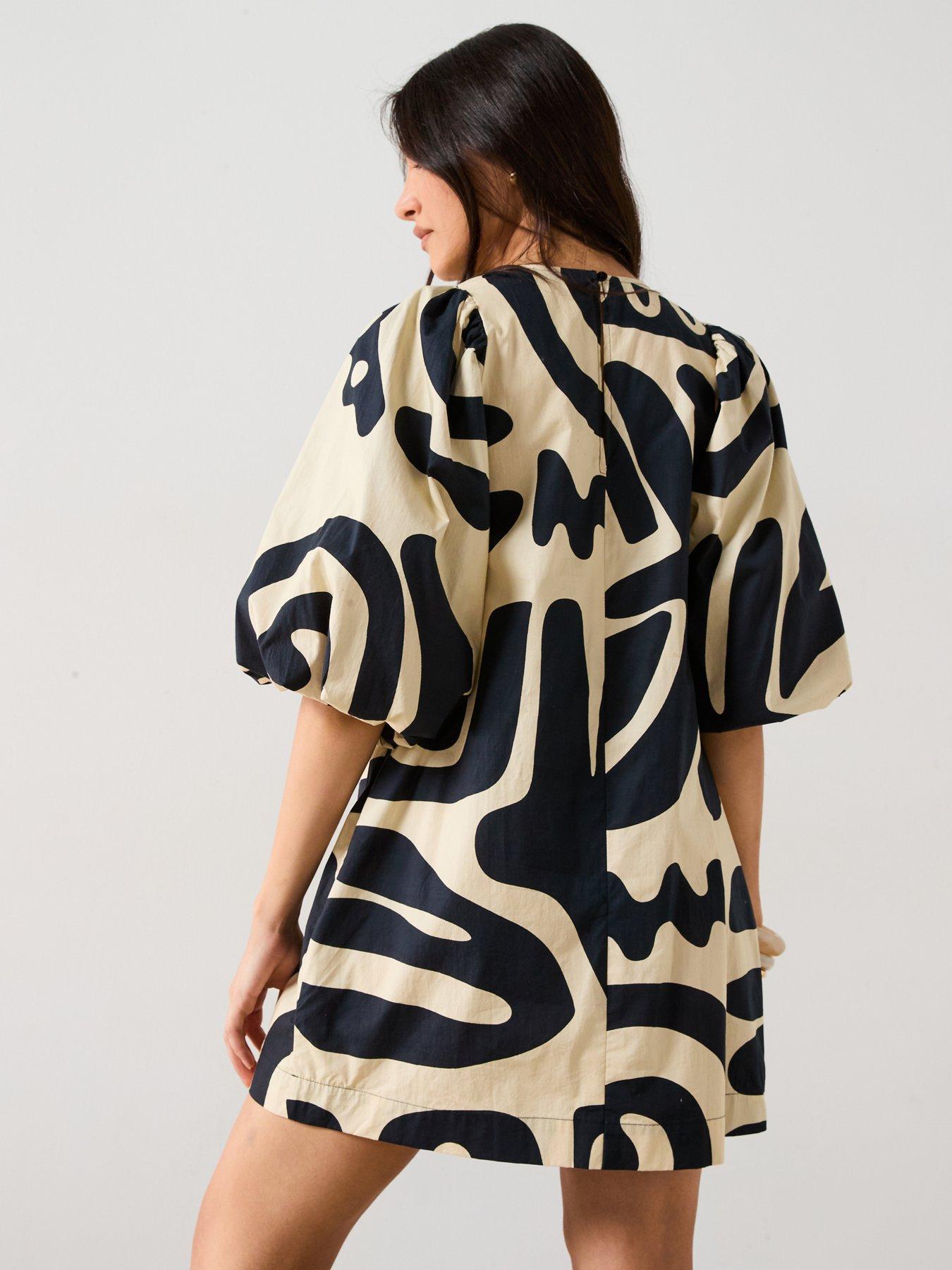 V by Very Abstract Mono Print Puff Sleeve Mini Dress - Dark Print | Very