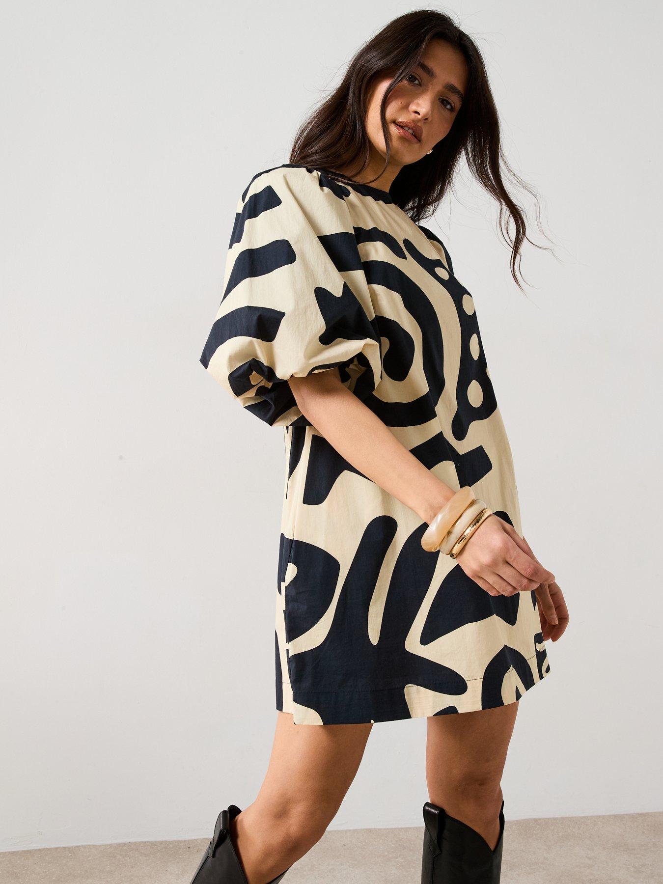 V by Very Abstract Mono Print Puff Sleeve Mini Dress - Dark Print | Very