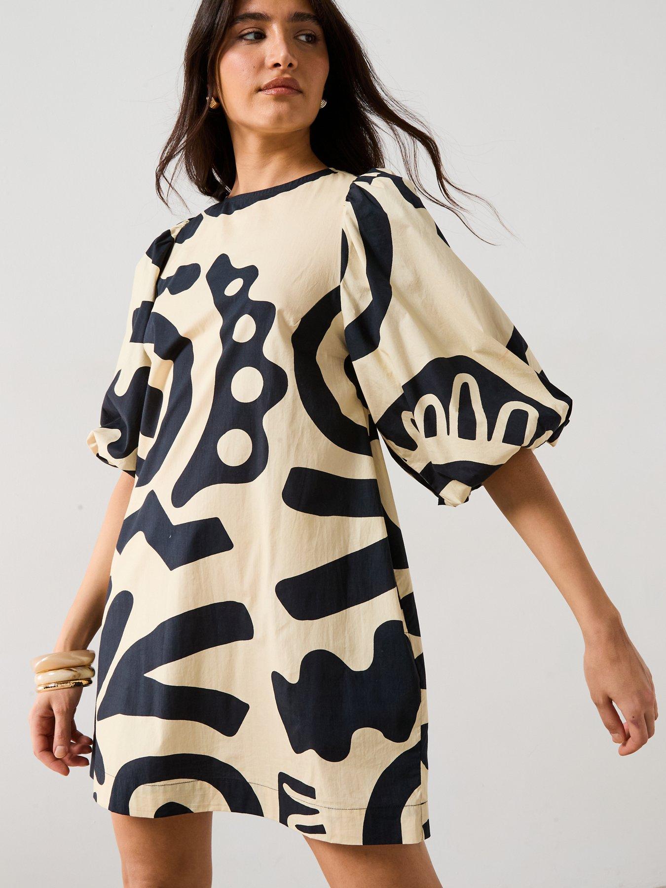 V by Very Abstract Mono Print Puff Sleeve Mini Dress - Dark Print | Very