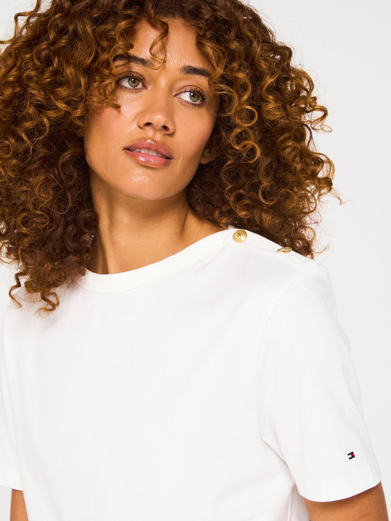 Tommy Hilfiger Gold Button Detailed T-Shirt - White | Very