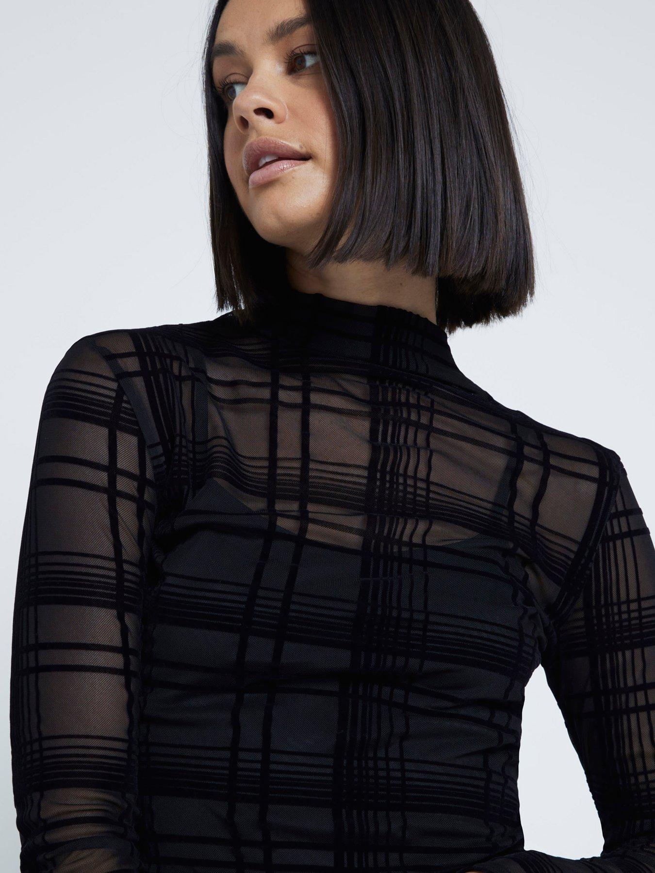 River Island Flock Mesh Top - Black | Very