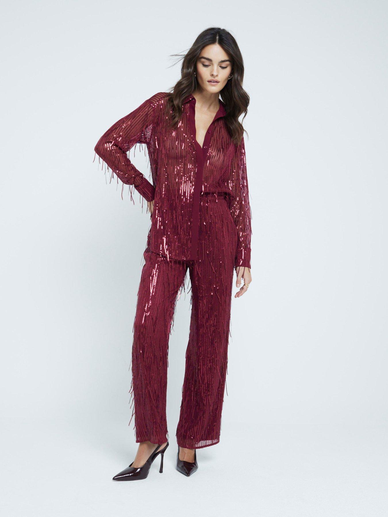 River Island Sequin Fringe Shirt Dark Red Very