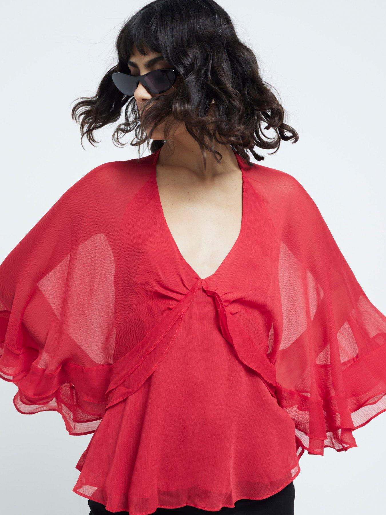 River Island Ruffle Cape Top - Dark Red | Very