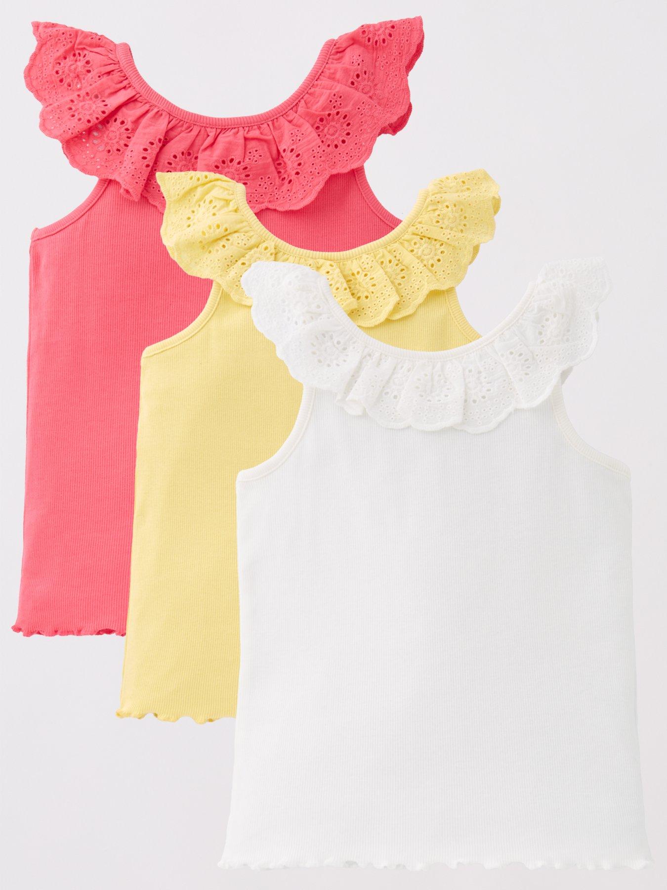 Mini V by Very Girls 3 Pack Broderie Frill Ribbed Vests - Multi | Very