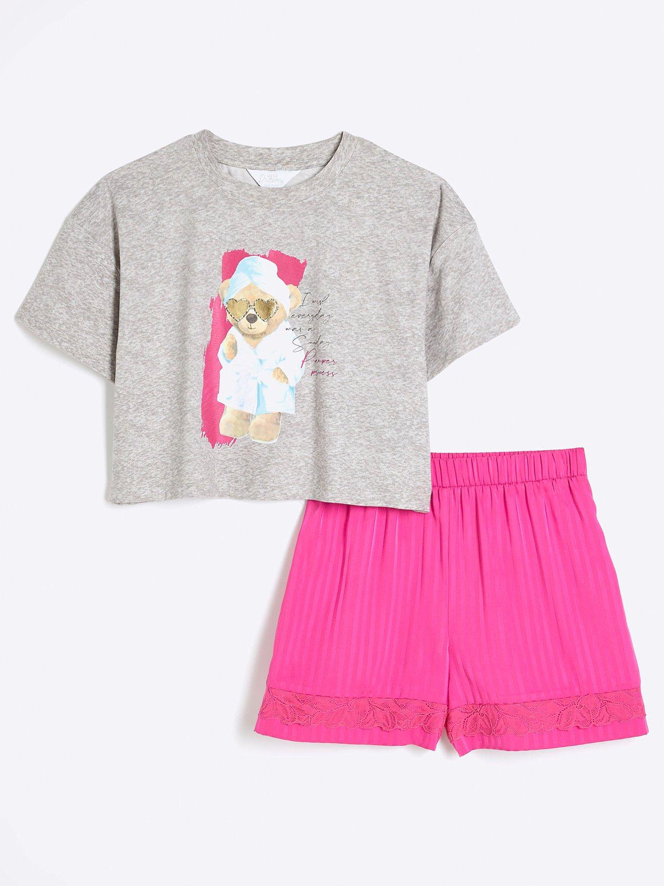 River Island Girls Satin Mix Teddy Pyjamas Set - Pink | Very