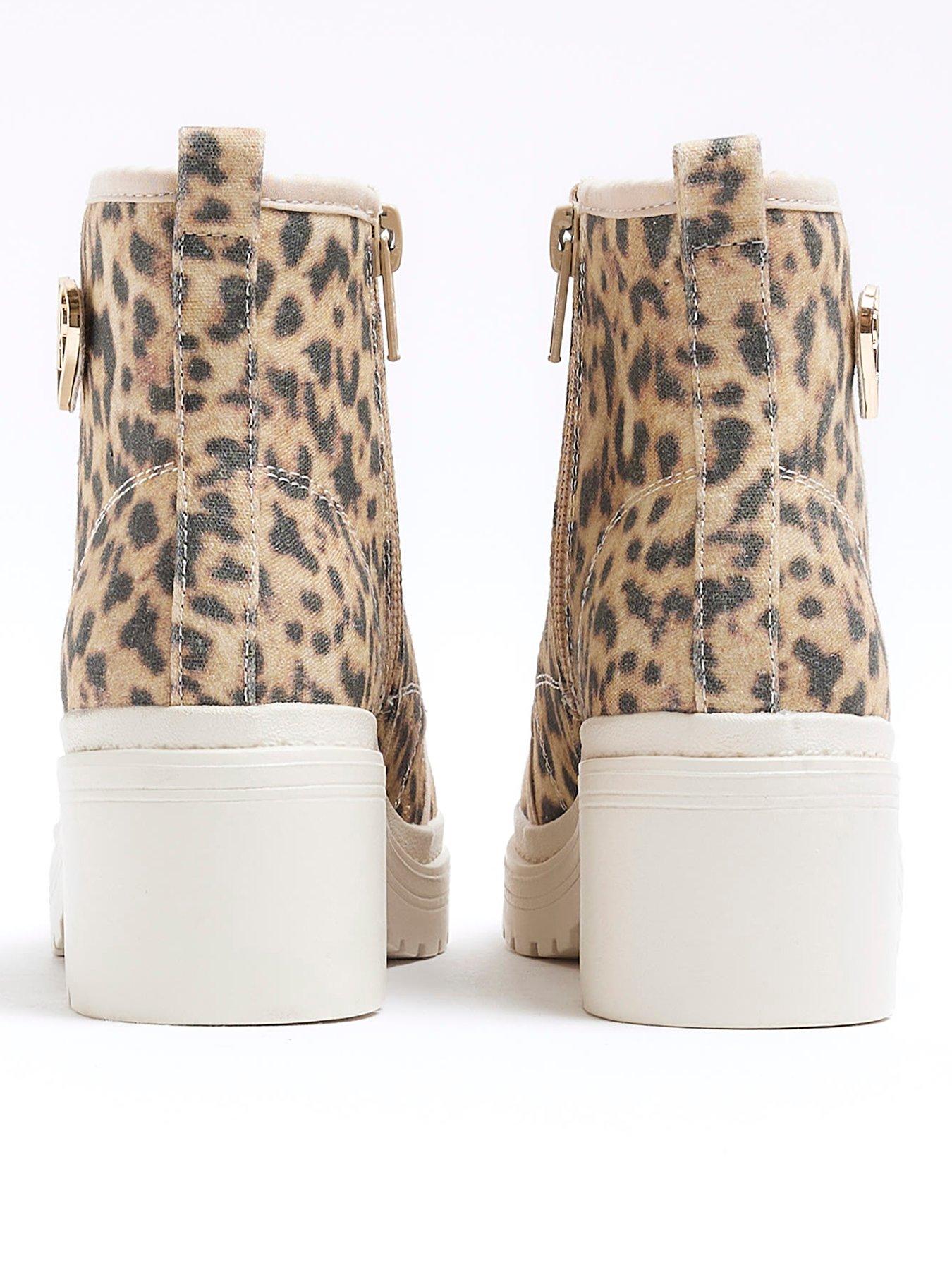 River Island Girls Leopard Canvas Heeled Boot - Beige | Very
