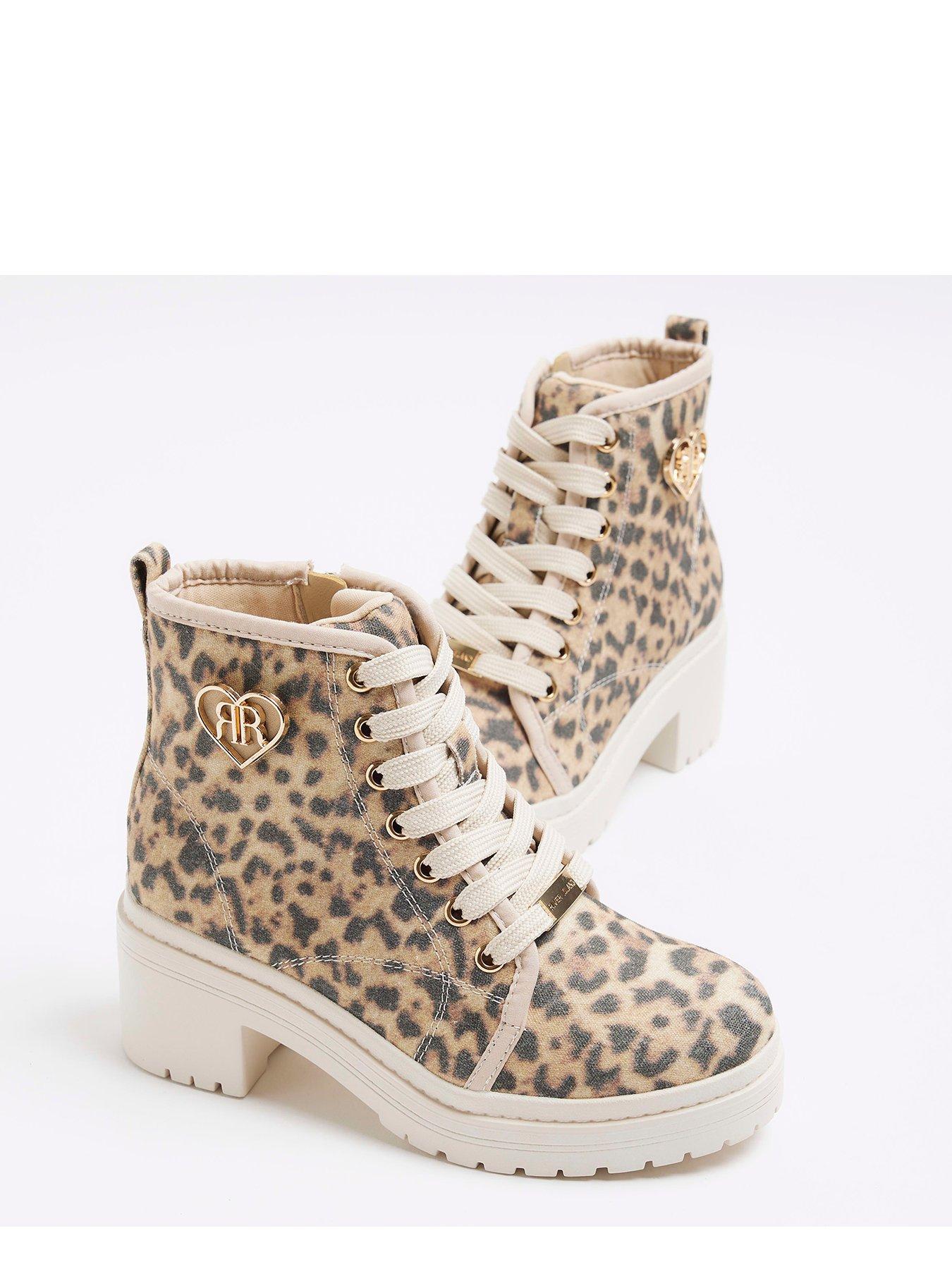 River Island Girls Leopard Canvas Heeled Boot - Beige | Very