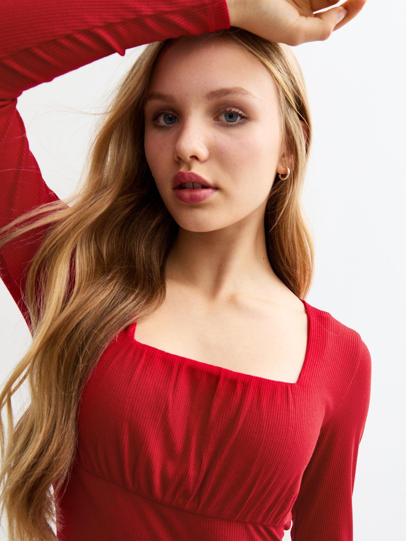 New Look 915 Girls Ruched Front Ribbed Jersey Top - Red | Very
