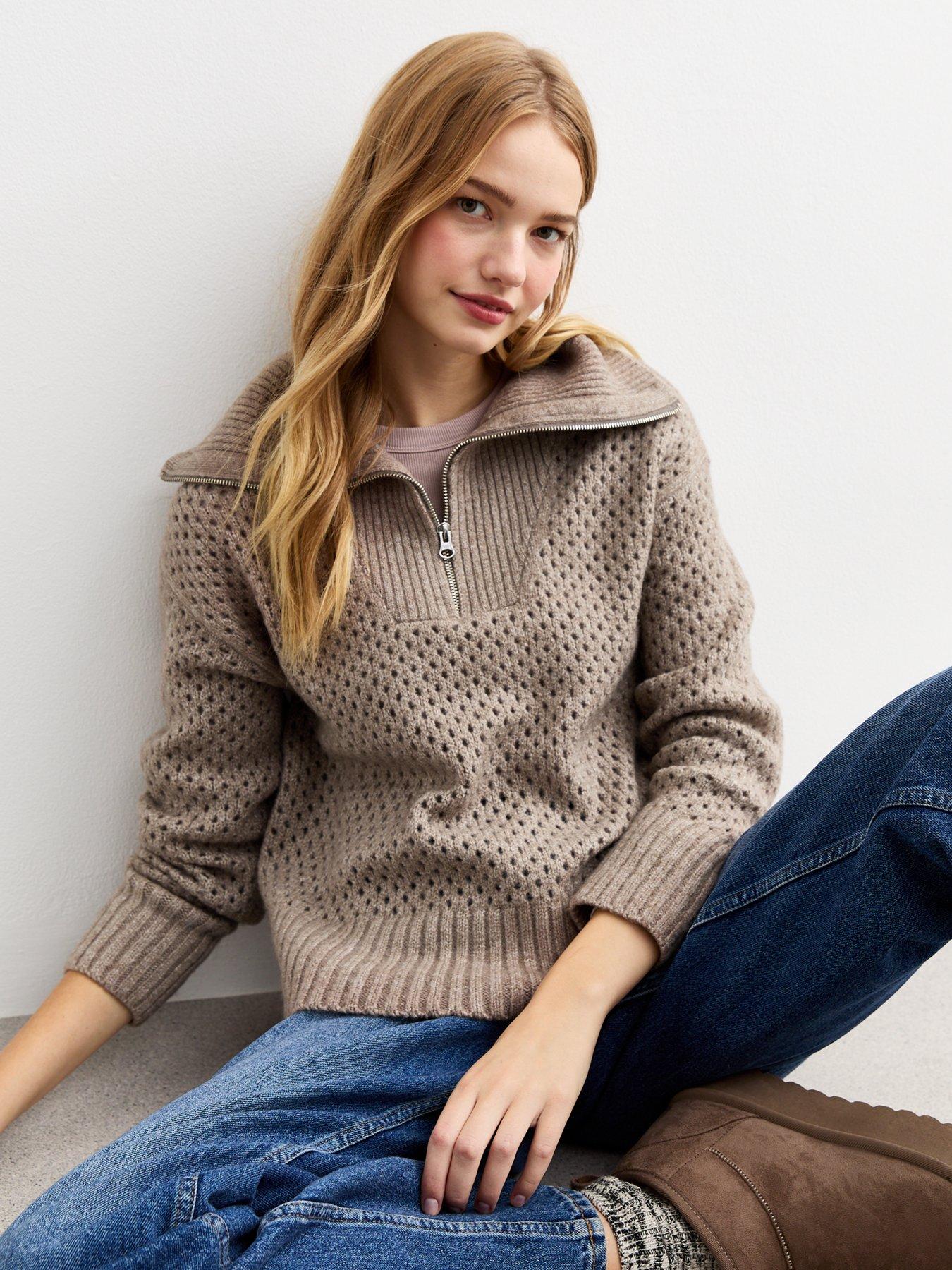 New Look Mink Mesh Stitch Zip Front Jumper - Beige | Very