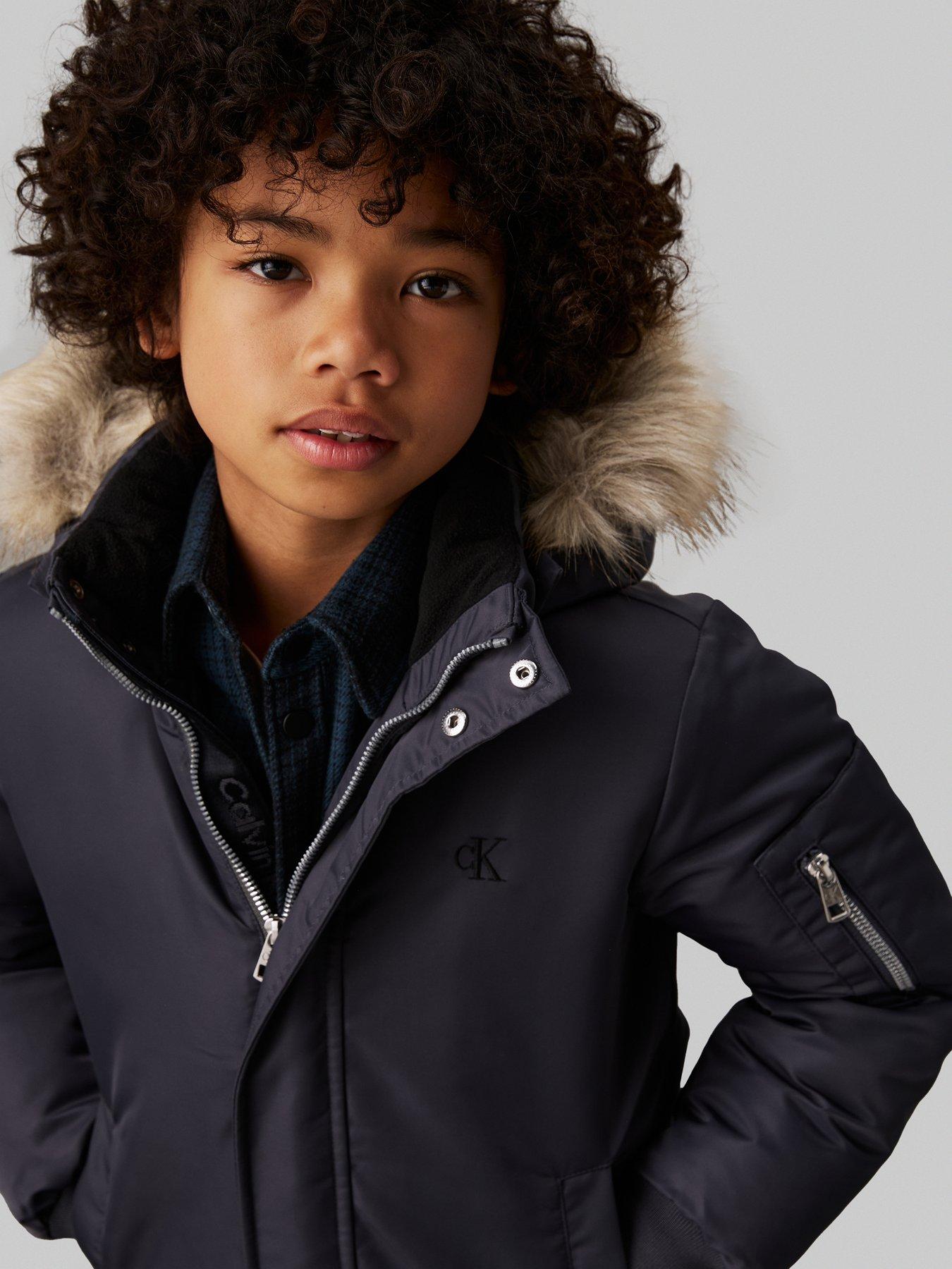 Calvin Klein Jeans Boys Faux Fur Hooded Long Parka Black Very