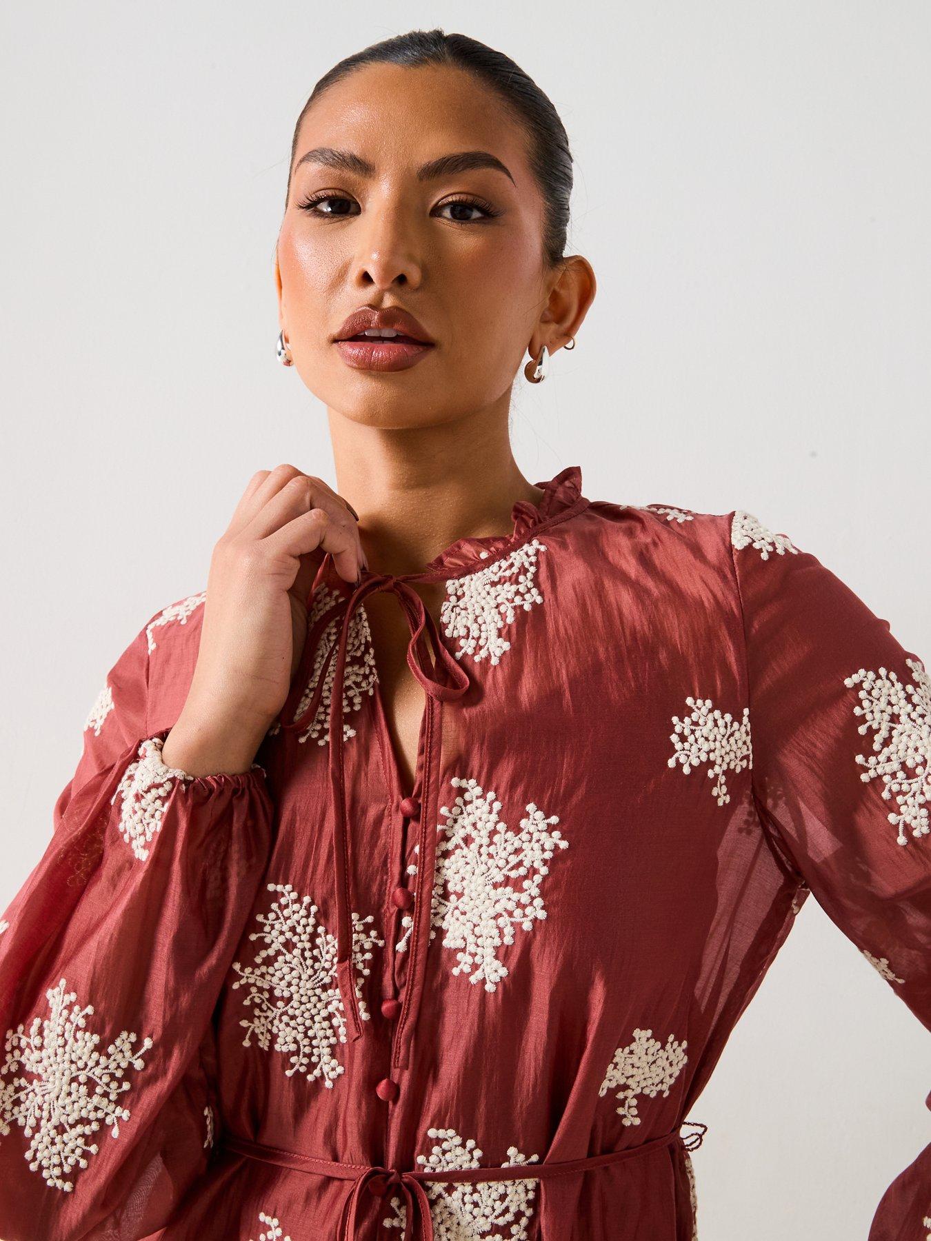 V by Very Tie Neck Embroidered Mini Dress - Dark Red | Very
