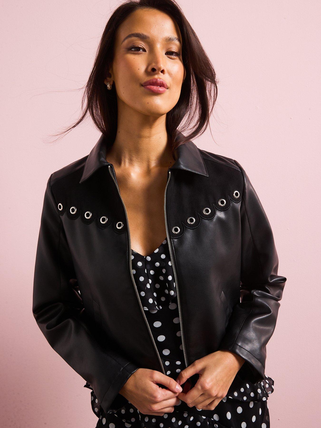 V by Very Eyelet Detail Faux Leather & Suede Jacket - Black | Very