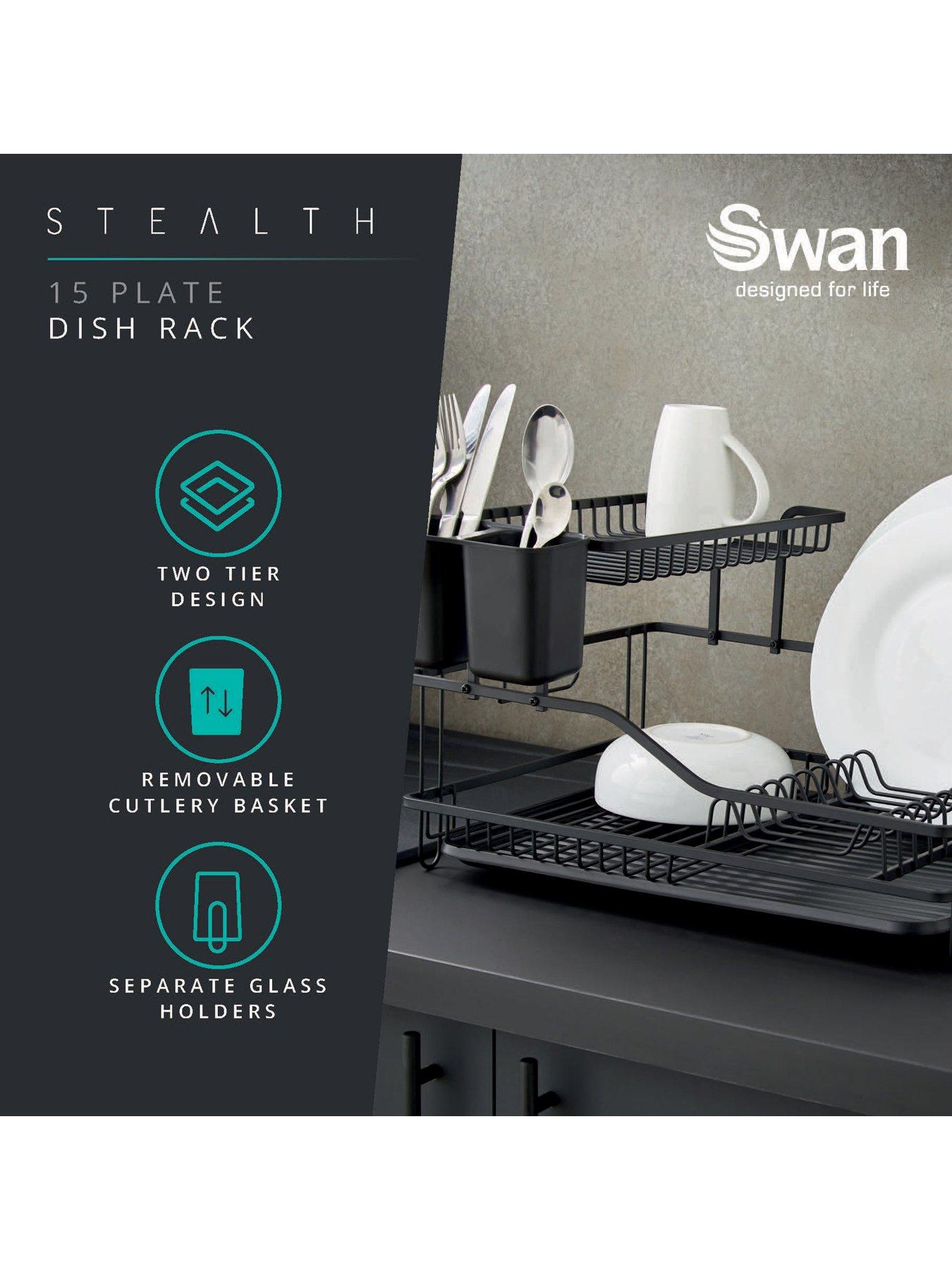 Swan Stealth 15 Plate Dish Rack, 2 Tier, Matte Black with removeable ...