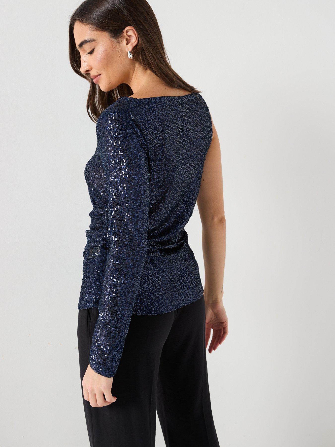 River Island One Sleeve Twist Shoulder Top - Navy | Very