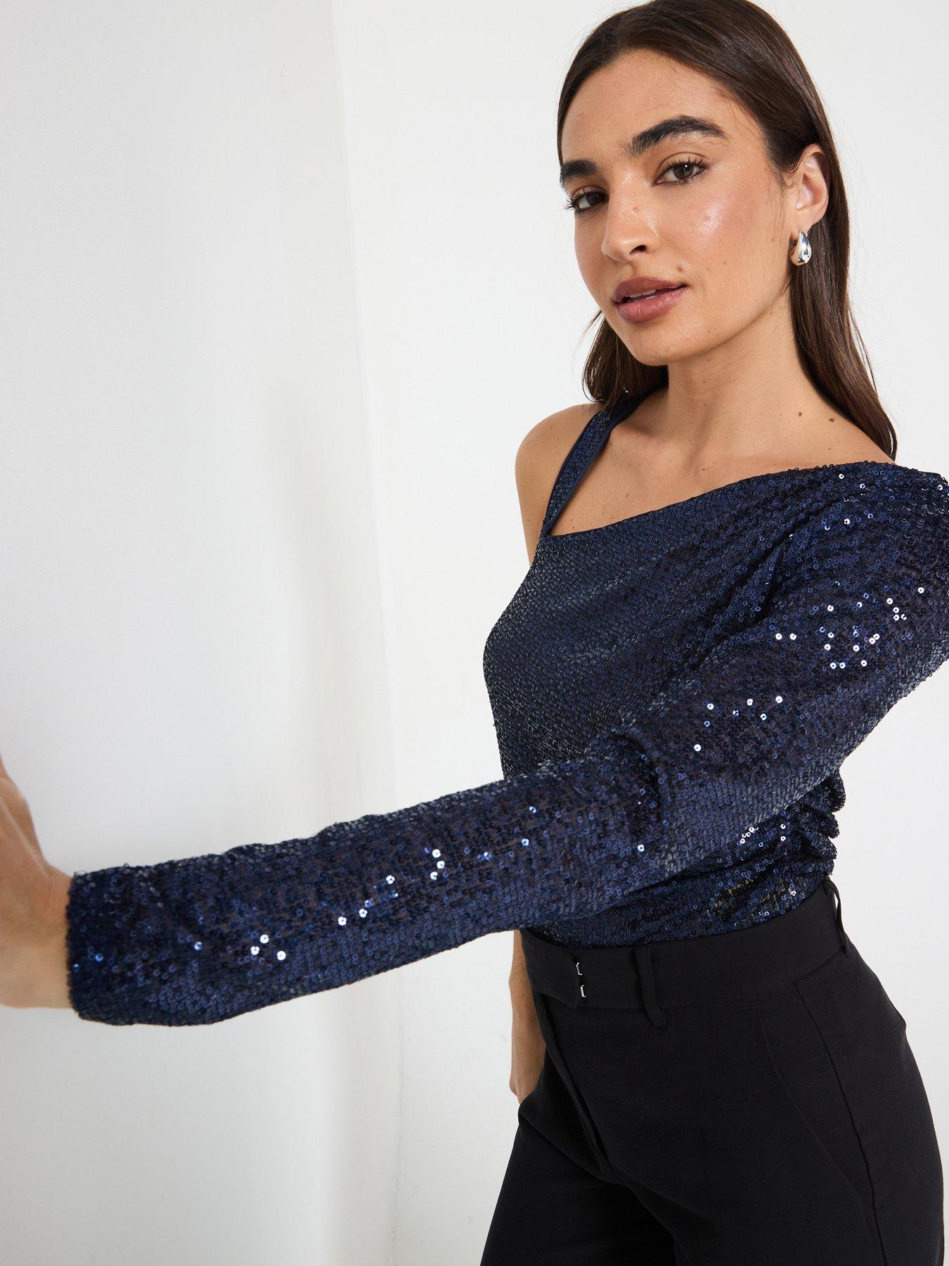 River Island One Sleeve Twist Shoulder Top - Navy | Very