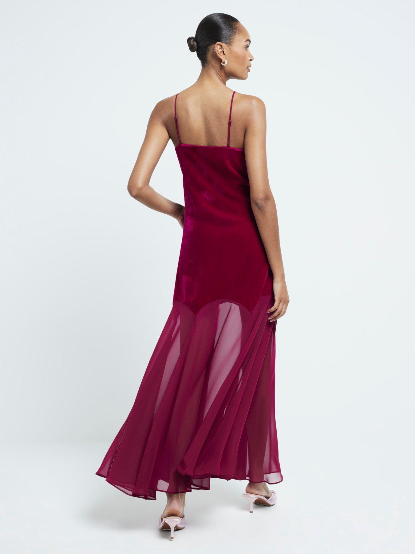 River Island Velvet Chiffon Mix Maxi Dress - Dark Red | Very
