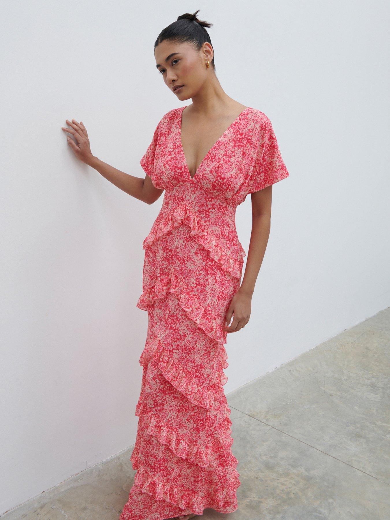 Pretty Lavish Tasmin Floral V Neck Ruffle Maxi Dress - Pink | Very