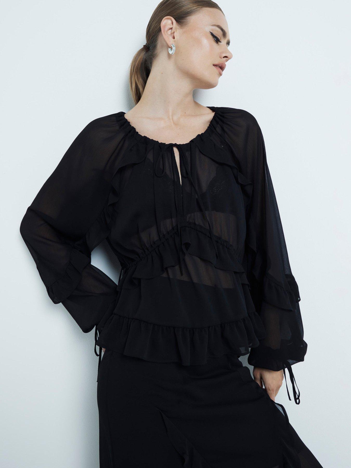 River Island Chiffon Ruffle Tie Detail Blouse - Black | Very