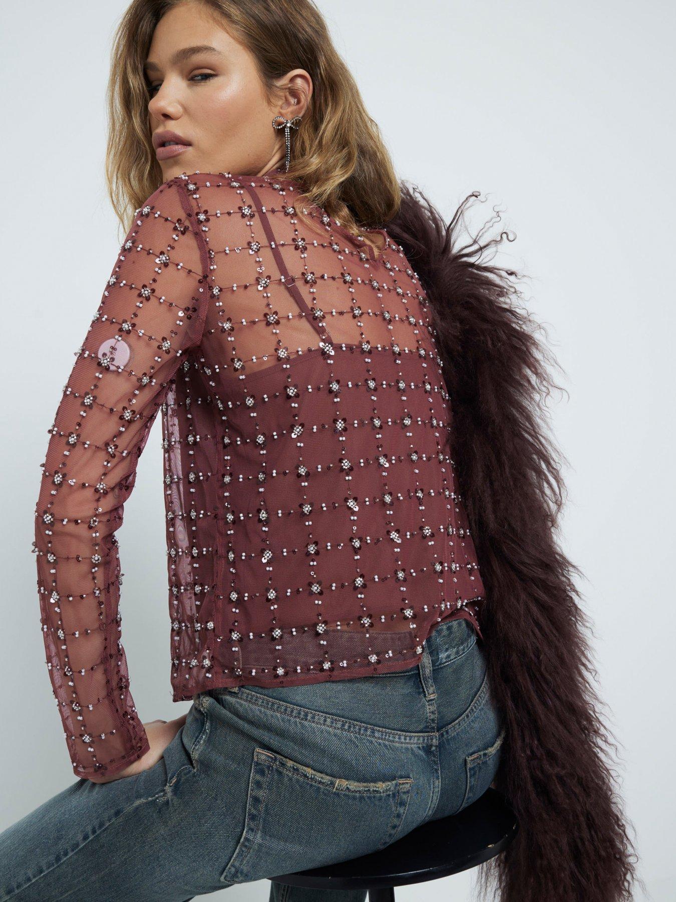 River Island Floral Sequin Mesh Top - Dark Red | Very