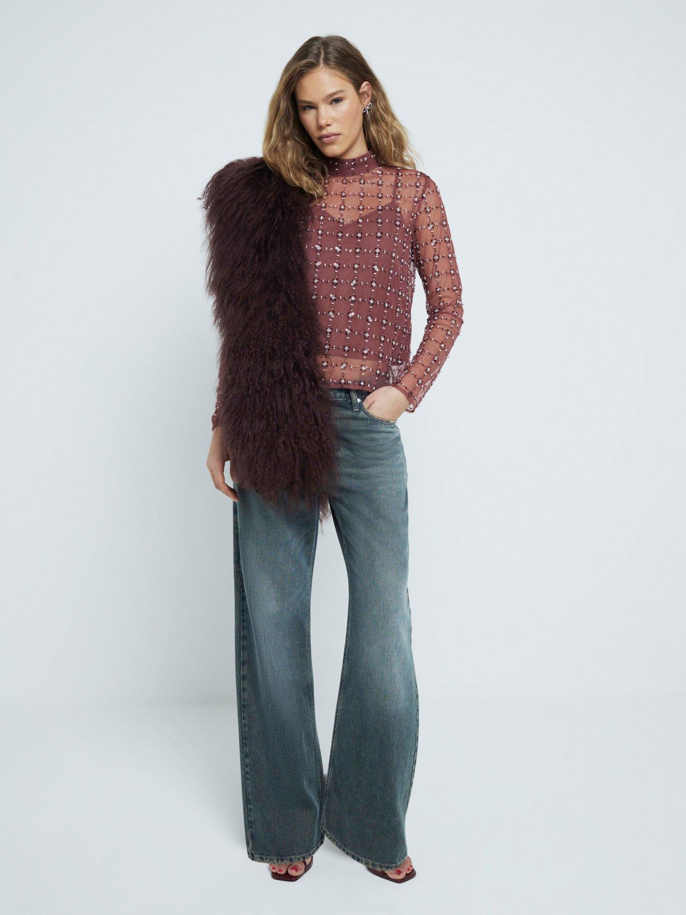 River Island Floral Sequin Mesh Top - Dark Red | Very